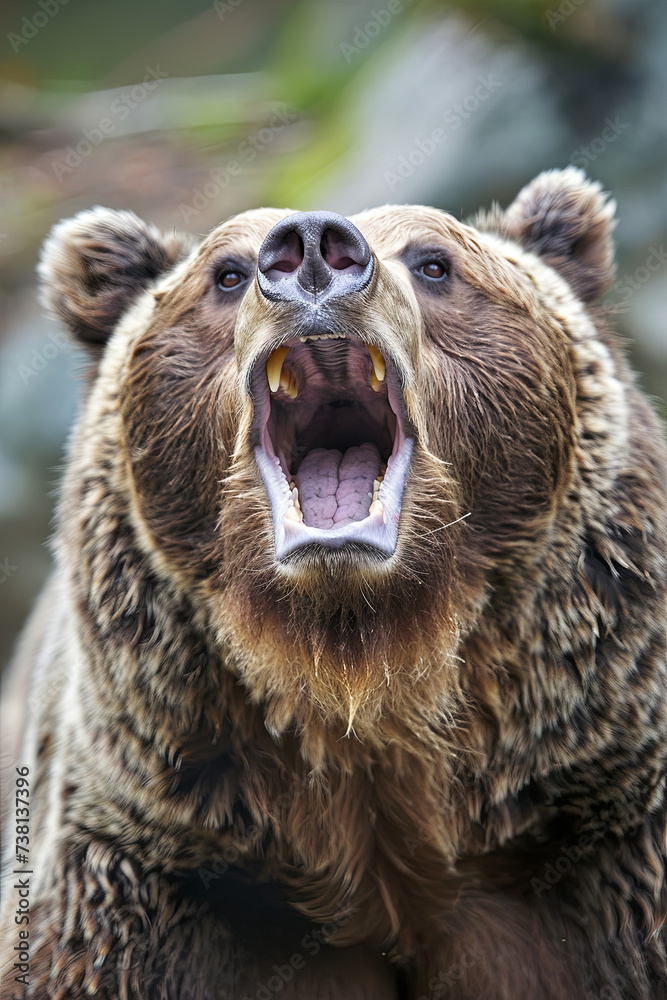 grizzly brown bear adult boar defend is growling and opening mouth to ...