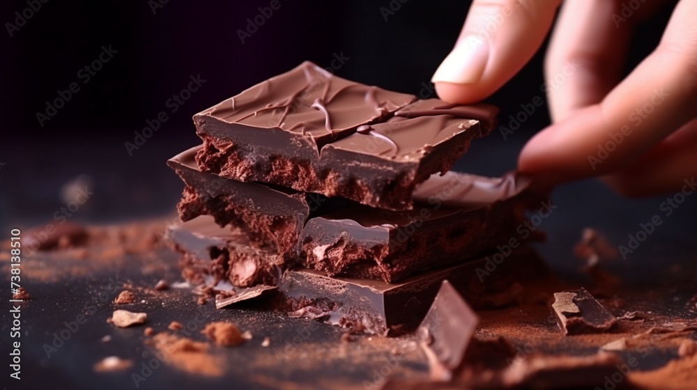 Broken chocolate bar by woman. Dark milk chocolate is cracked and ...