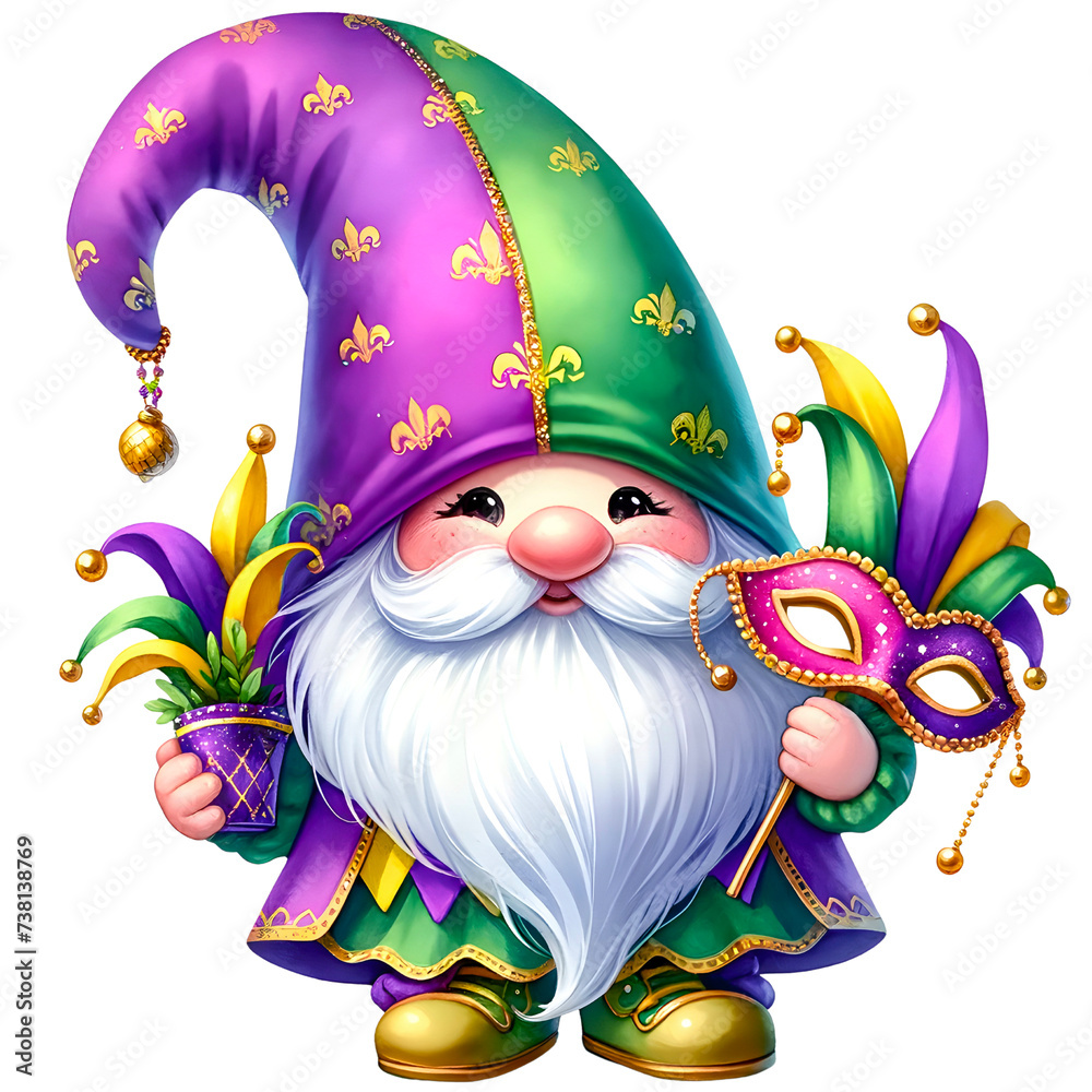 Cute mardi gras gnome watercolor clipart with transparent background ...