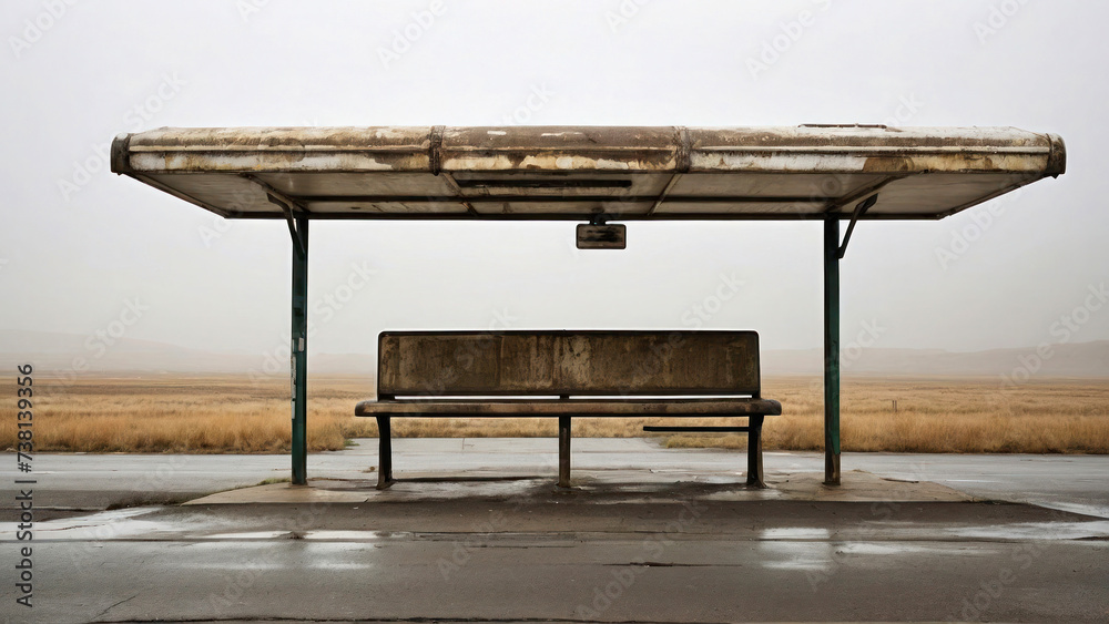An old bus stop in the middle of a cold empty field. Bench and roof ...