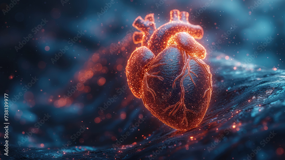 A glowing, anatomically detailed human heart highlighted with fiery ...