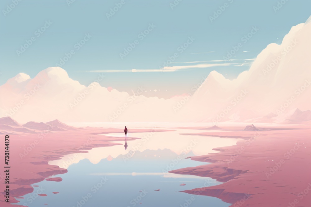 A minimalistic pastel pink wallpaper with a person alone in the world ...