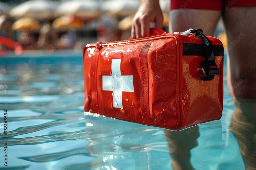 Close-up of a lifeguard's hands securely holding a red, waterproof ...