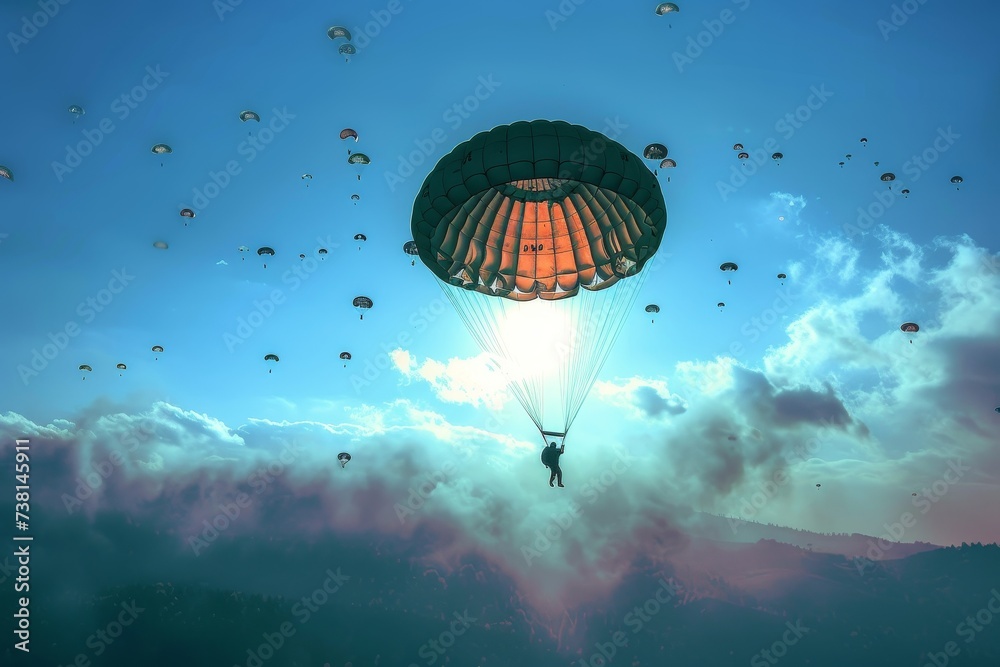 A surreal vision as a multitude of parachutes fill the sky, imbued with ...