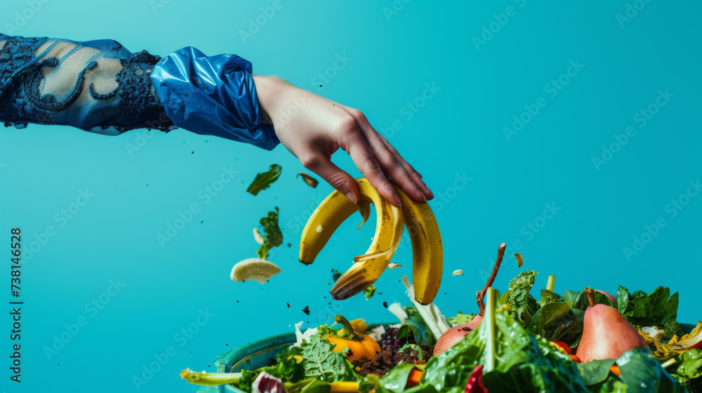 A hand is shown throwing a banana peel into a compost bin filled with ...