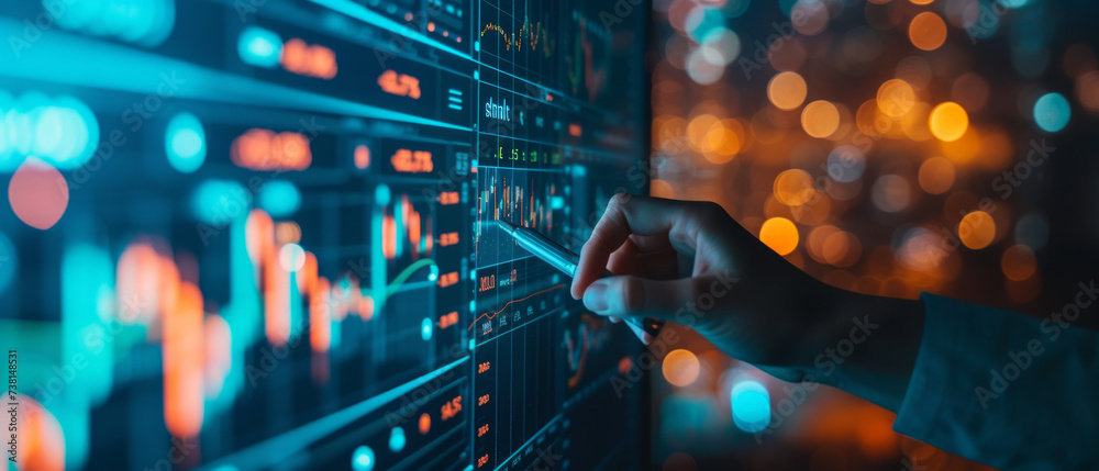 A hand with a graphing pen and trading indicator in front of a computer ...