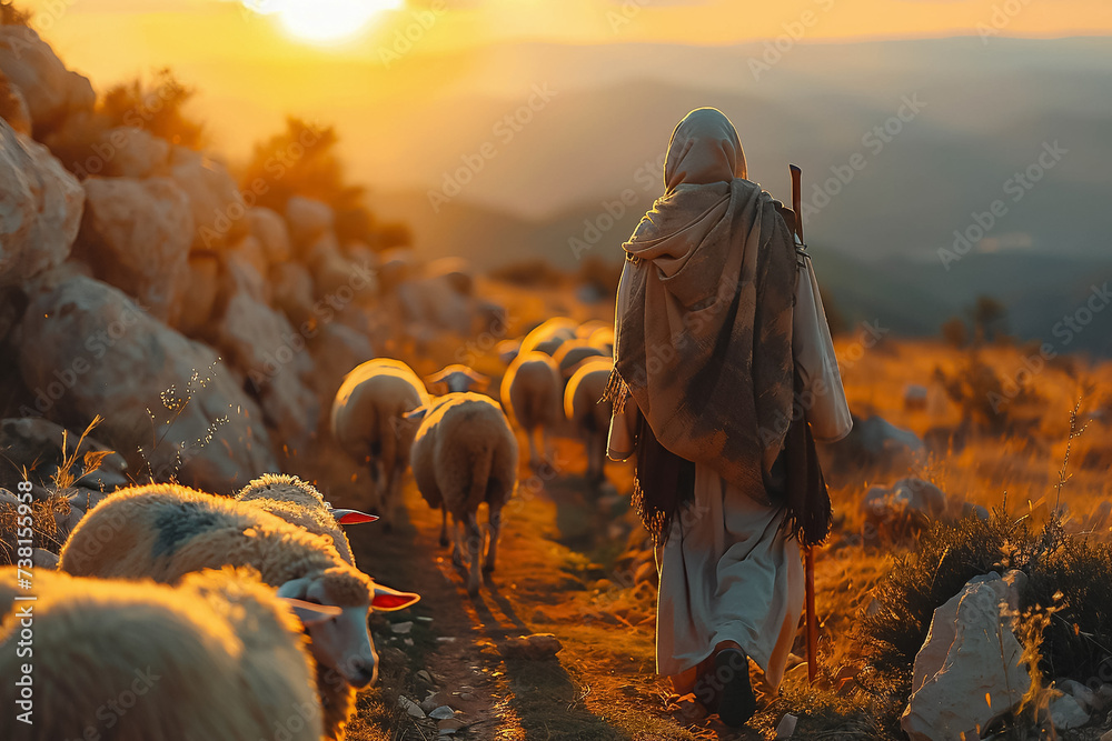 Image of Shepherd Jesus Christ leading the sheep and praying to God ...