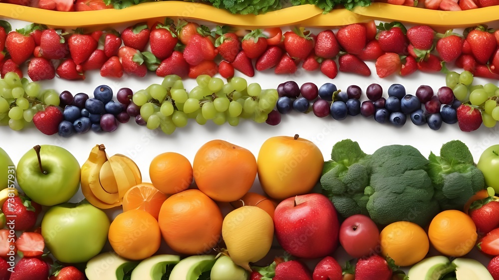 Isolated fruits in a line. Rainbow made of fresh fruits and vegetables ...