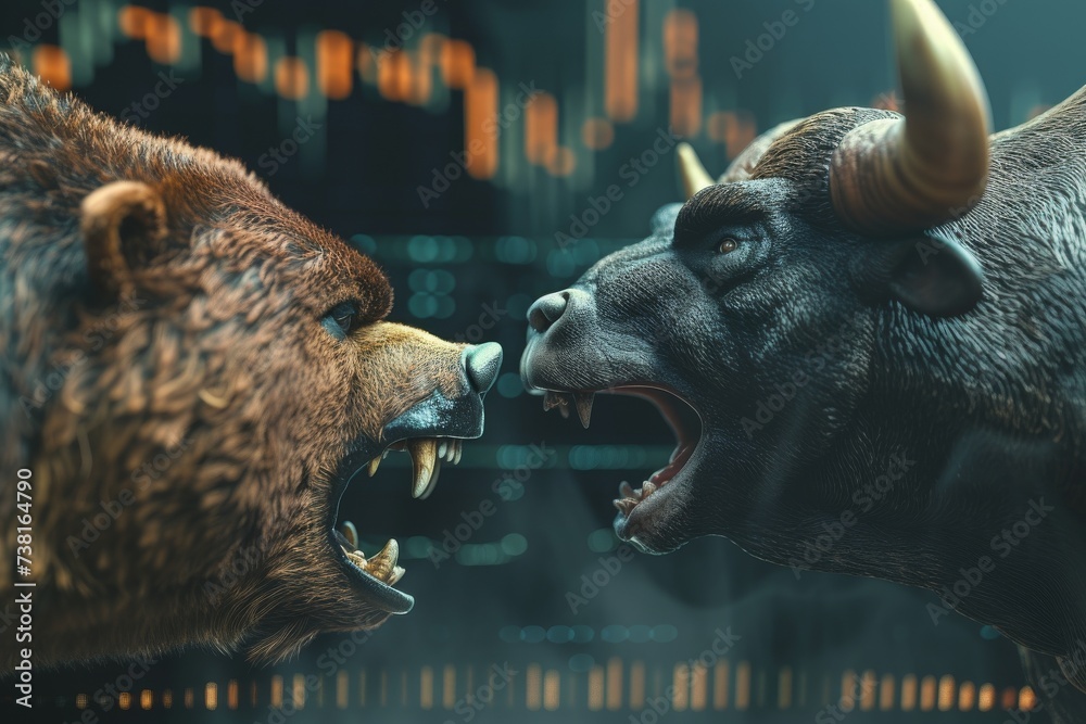 Illustrate a standoff between an angry bear and an angry bull, each ...