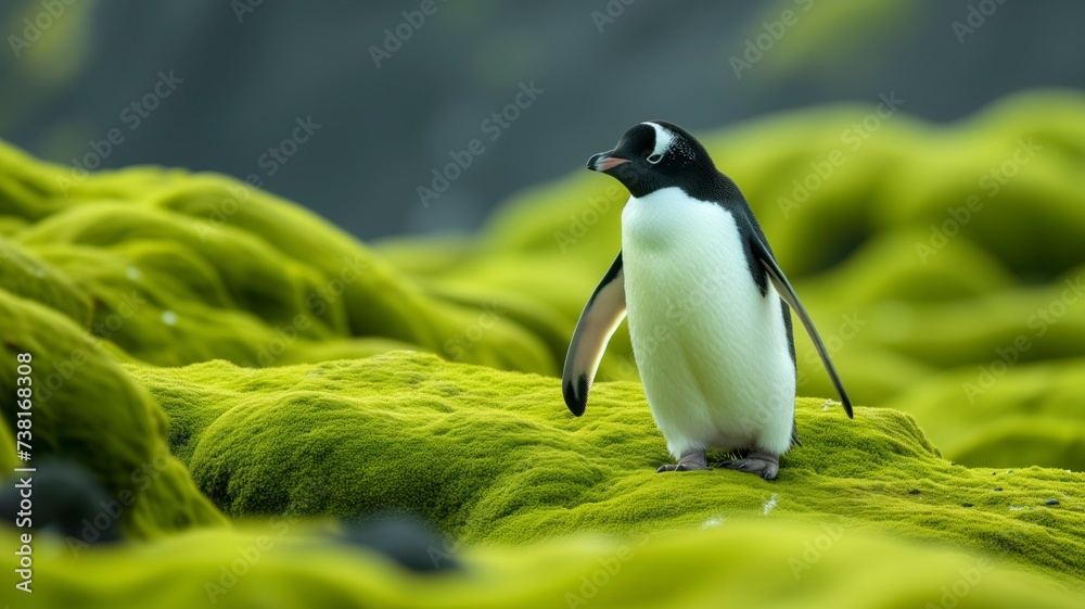 A majestic king penguin stands proudly on a lush bed of moss, its ...