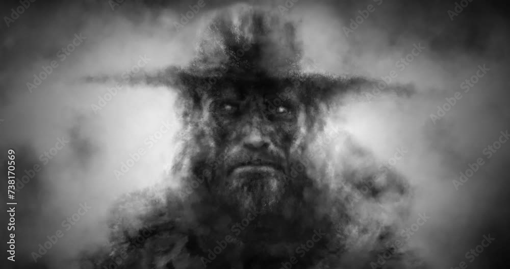 Evil sorcerer face animation. Dark man in big hat smokes cigarette ...