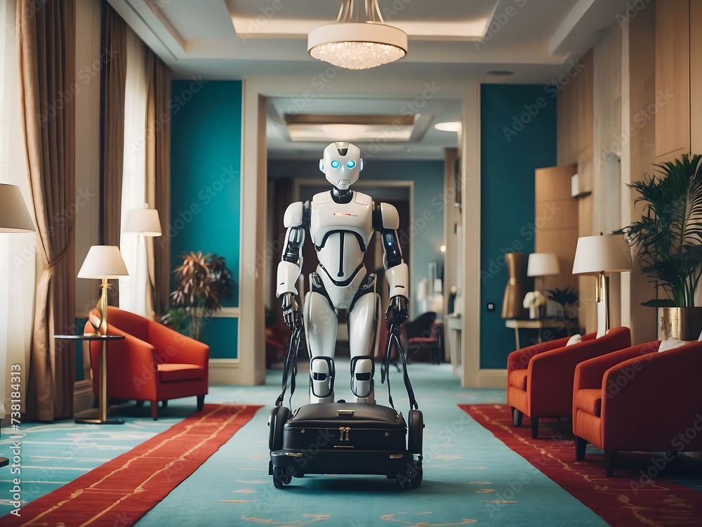 A broad sign depicting a robot butler or room service bringing luggage ...