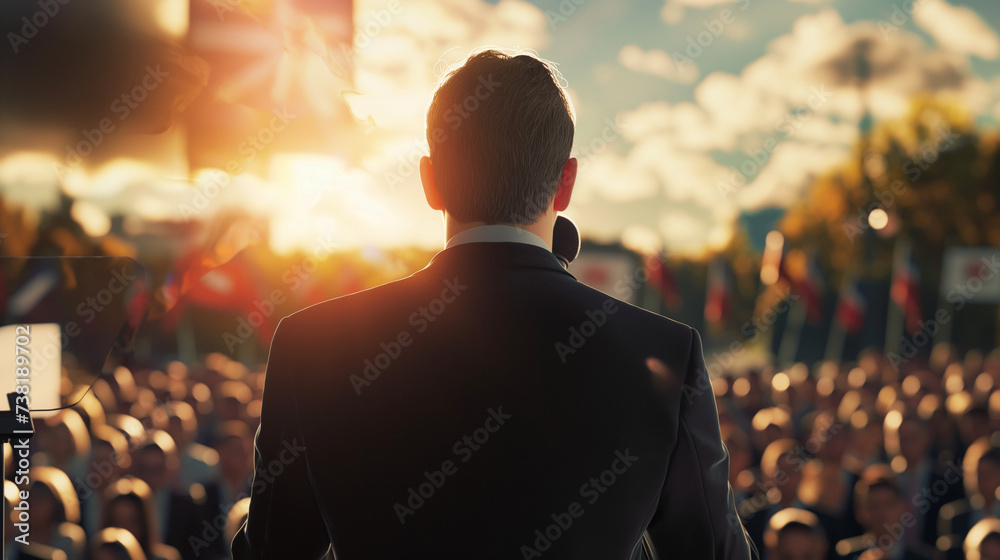 Man - Politician makes a speech into a microphone on a holder, turning ...