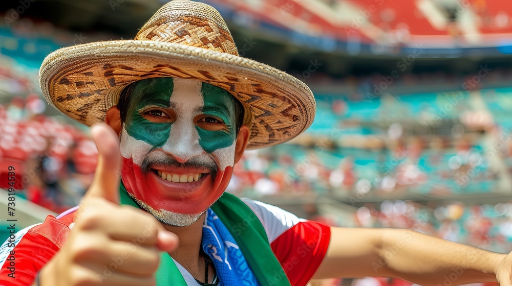 Enthusiastic mexican fan with painted face cheering at sports event ...