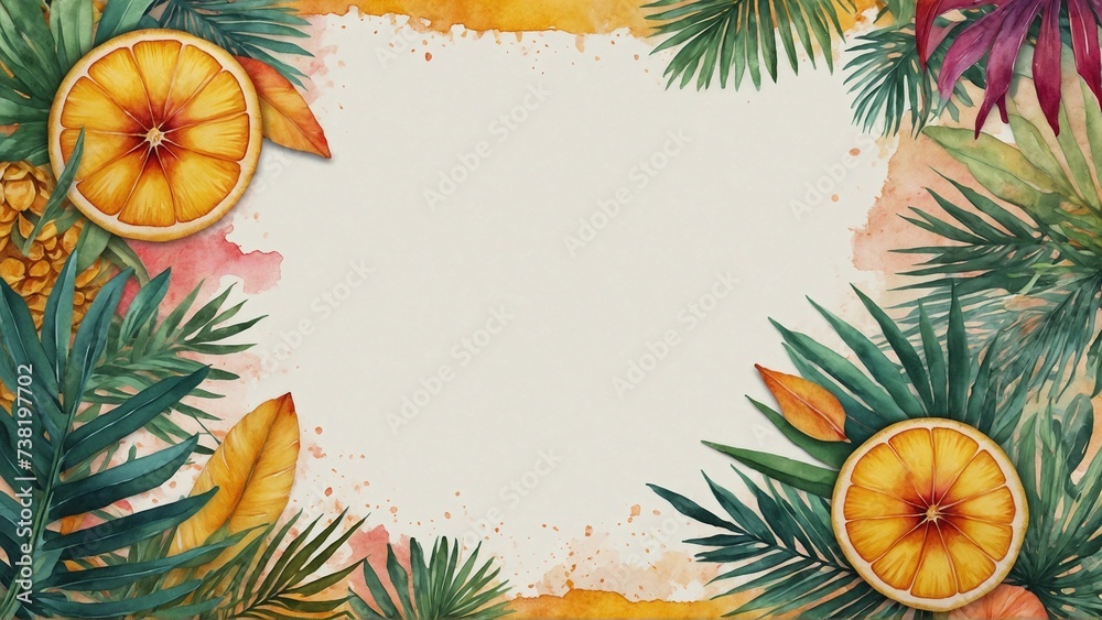 watercolor tropical framework for photo or congratulation with fruits ...