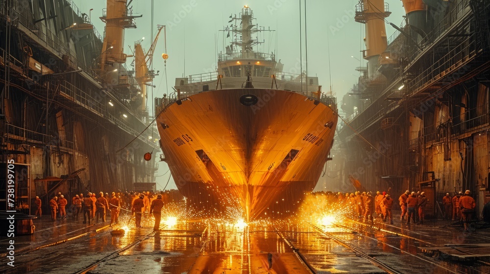 The scene at an industrial shipyard is one of intense activity as ...