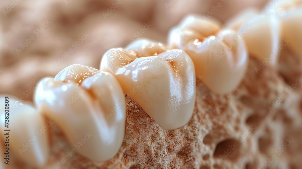 A reconstruction of a human jaw, teeth, and facial bone believed to be ...