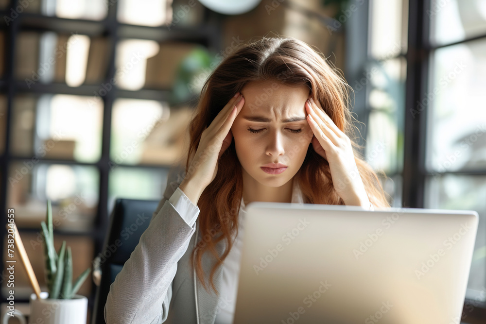 Overstrain. Overworked woman having acute headache while working in ...
