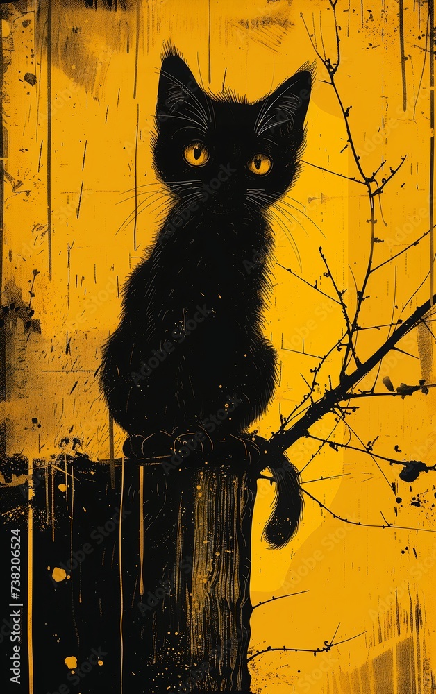 black kitty cat kitten sitting tree stump yellow background sum horror ...
