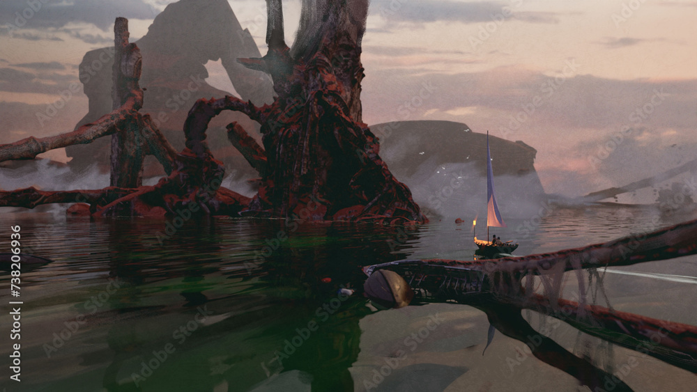 Digital 3d illustration top down view of a smal boat exploring a ...