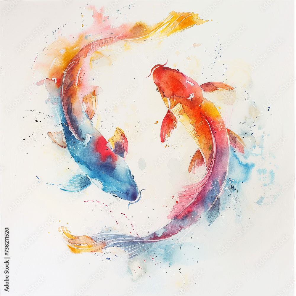 Aquatic Harmony: Abstract Watercolor Art of Two Koi Fish Swimming in ...