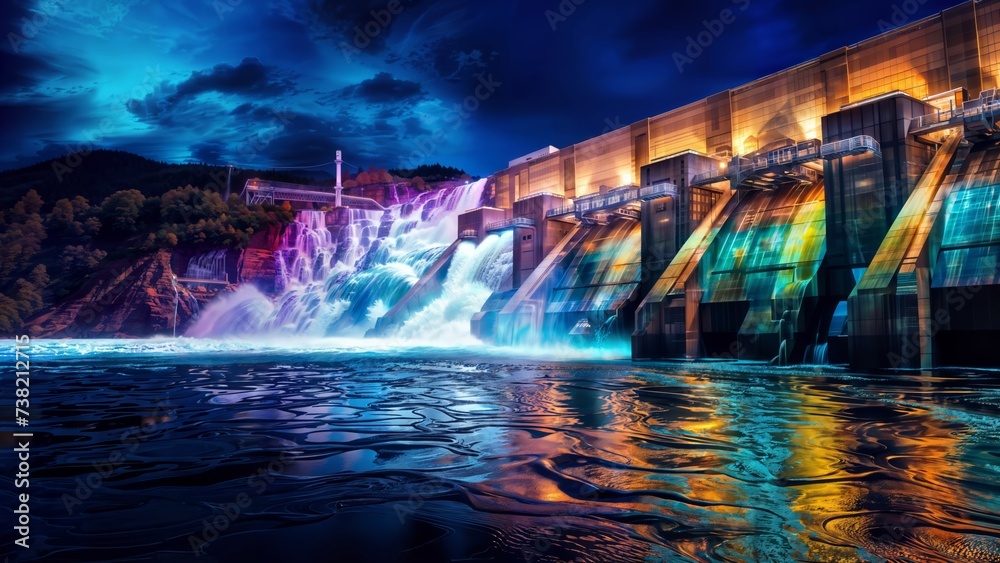 The image features a hydroelectric power plant at night with colorful ...