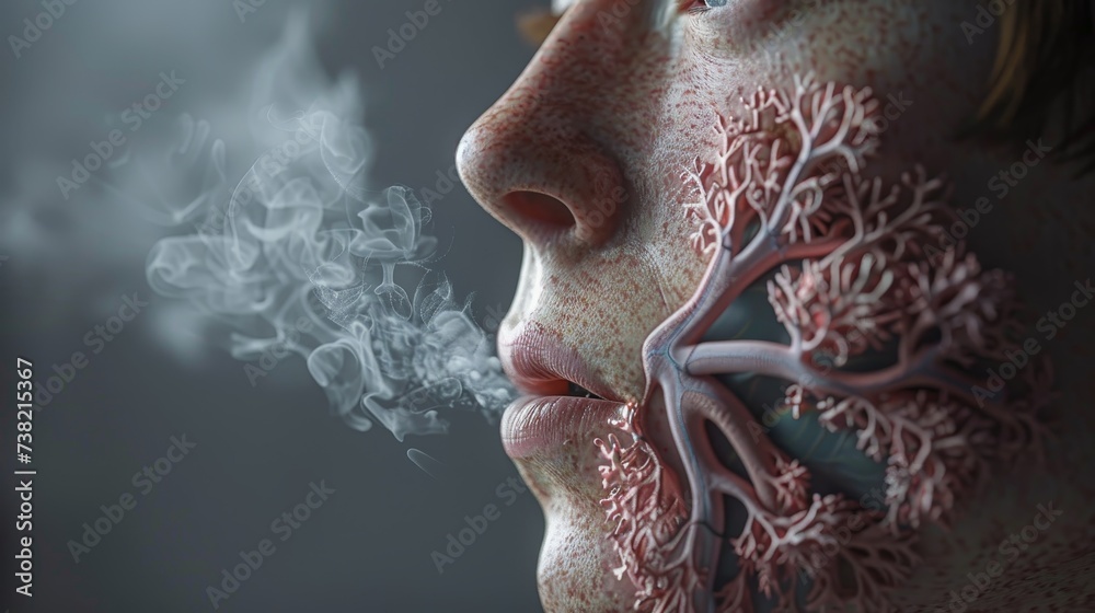 Digital illustration of a human profile with the respiratory system ...