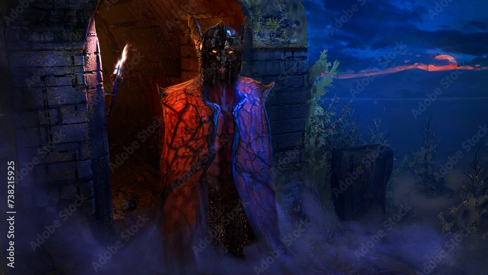 Undead vampire lord outside of an arched entry to his crypt - dark ...