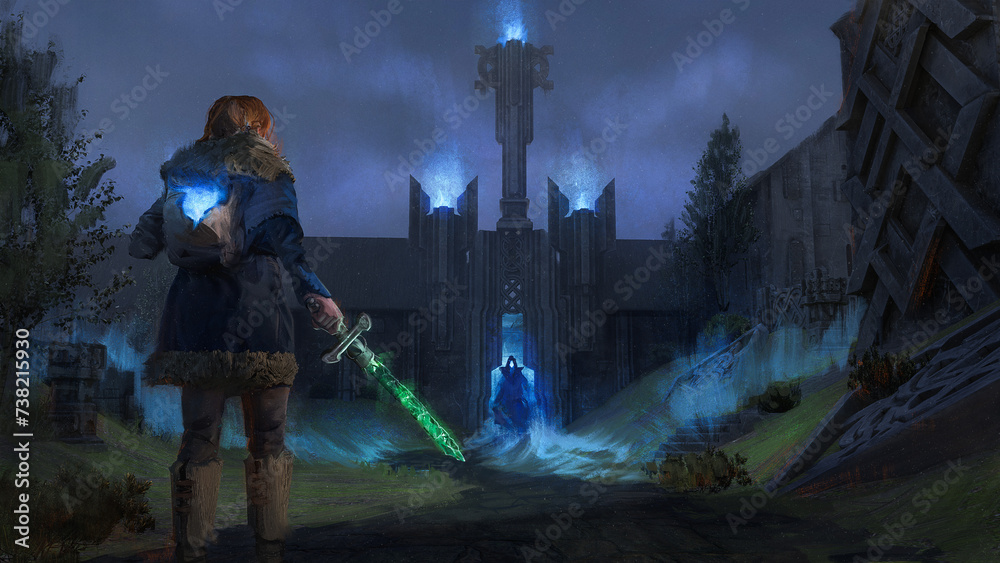Fantasy painting of a wanderer with a sword and magic item from her ...