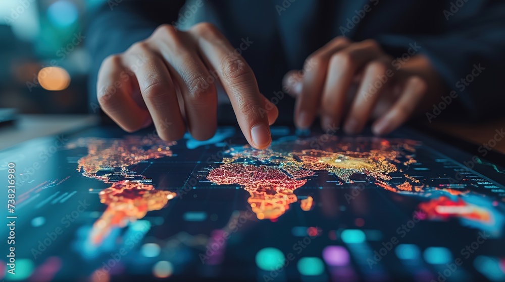 A close-up view of a hand touching an illuminated high-tech world map ...