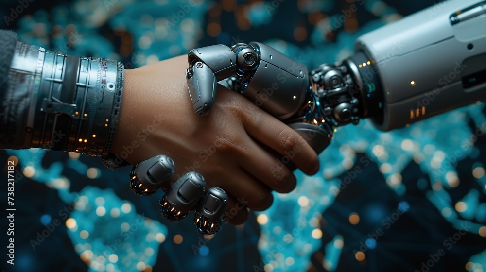 A human hand engaging in a firm handshake with a robot hand against a ...