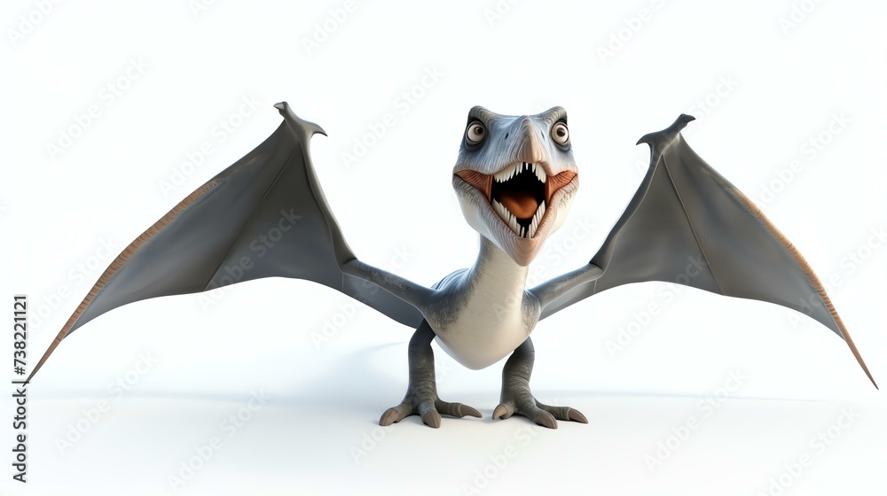 Adorable 3D pterodactyl with a playful expression, rendered on a clean ...