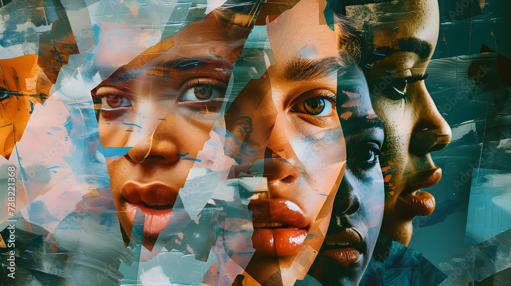 Abstract photo collage of diverse emotions represented by overlapping faces, showcasing the ...