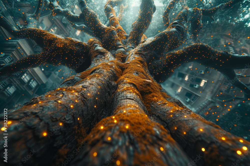 The digital connectivity webbing through a city against the ...