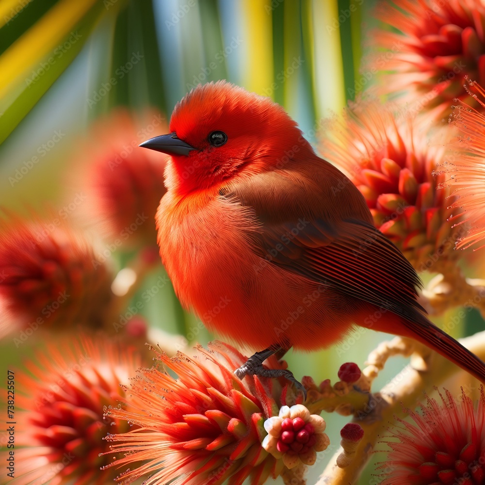 Reunion Island Bird Red Foodie Foudia madagascariensis on branches with ...