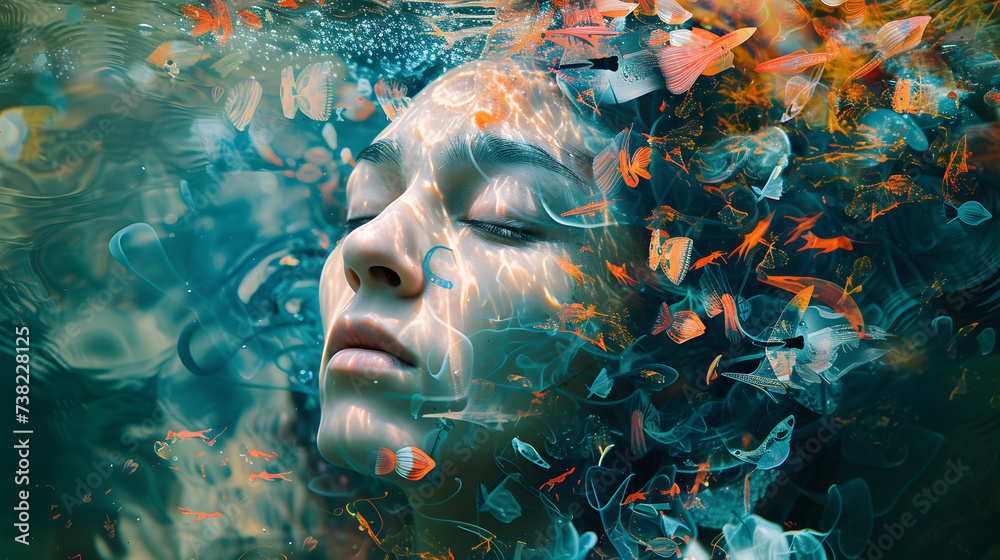Surreal photo collage of a person submerged in water filled with ...