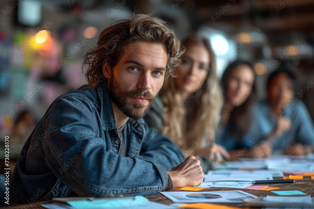 A group of professionals engaged in a brainstorming session showcases the collaborative and ...