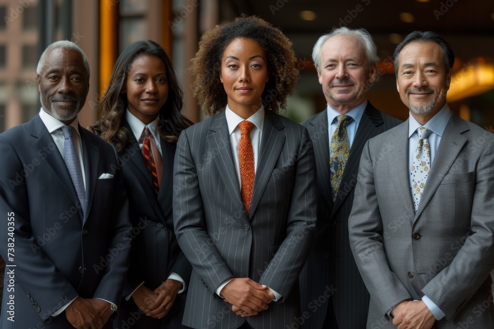 Happy diverse professional business team stand in office looking at ...