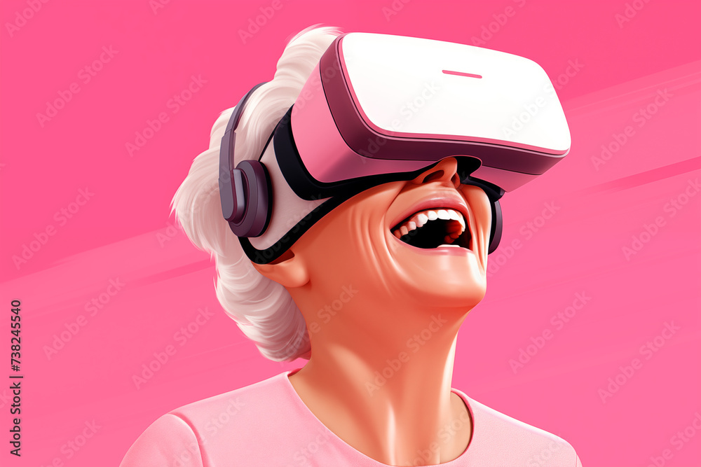 Cartoon smiling woman wearing virtual reality glasses. Cute senior ...
