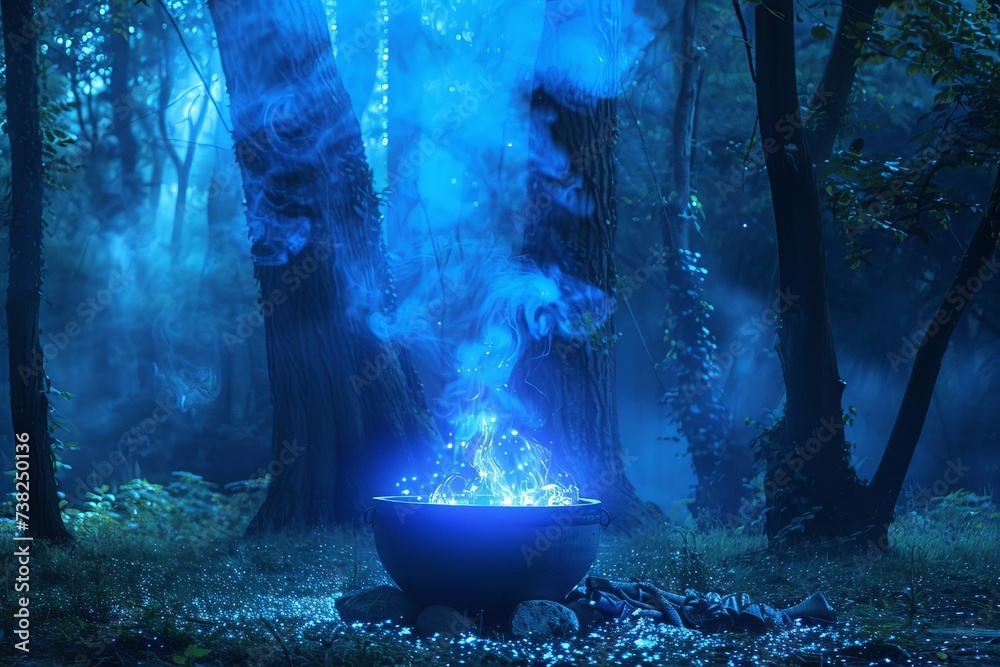 Enchanted forest cauldron Mystical blue flames Surrounded by ancient ...