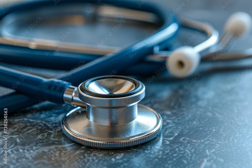 Macro photograph of a stethoscope lying on a doctor's desk, capturing ...