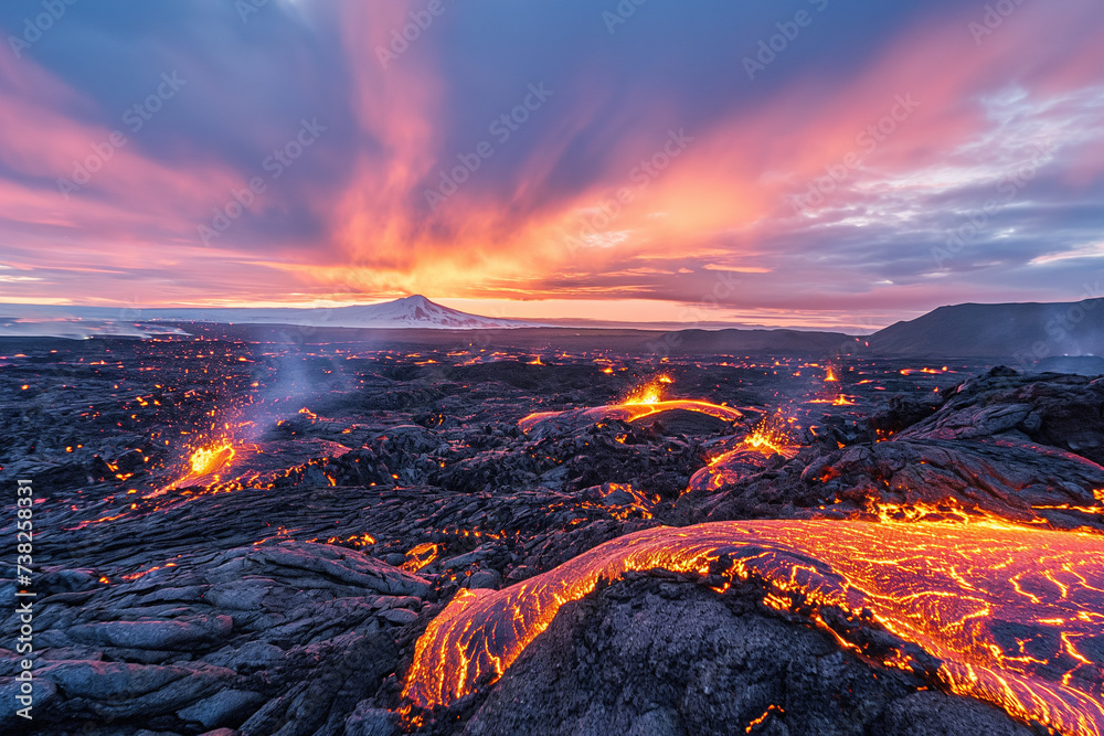 Hot lava erupting from volcano and inescaplably flowing through cold ...