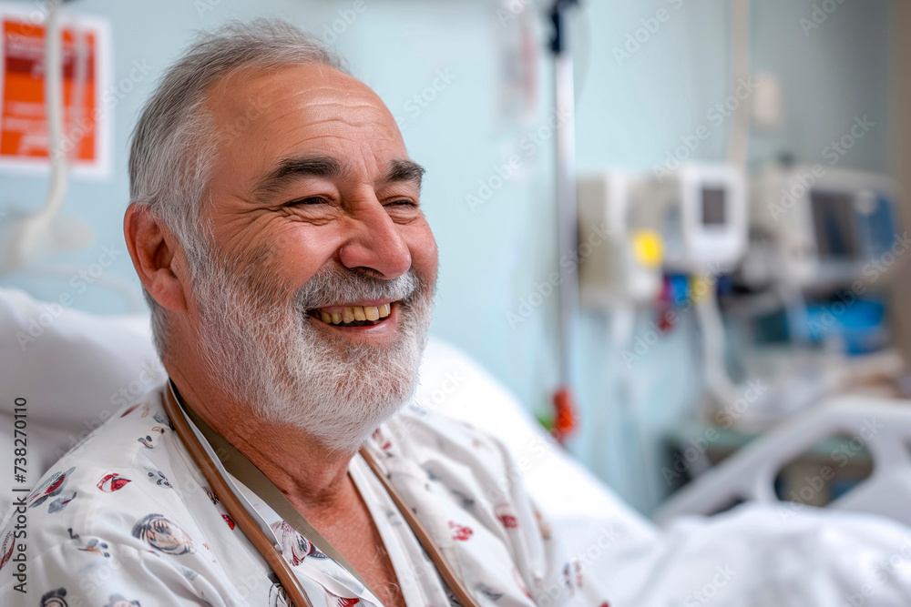 Smiling mature american adult male patient in a clinic hospital room on ...