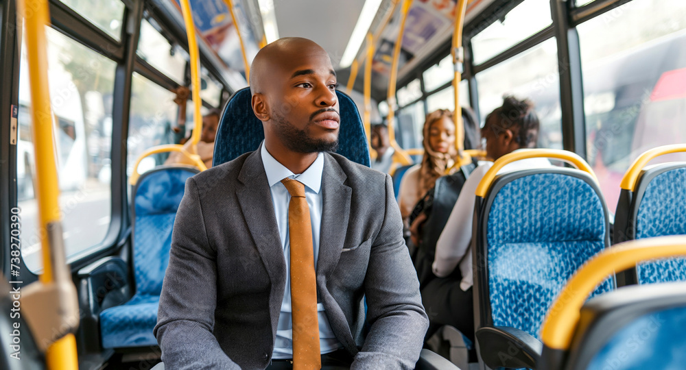 African american businessman in a suit commuting on a city bus ...