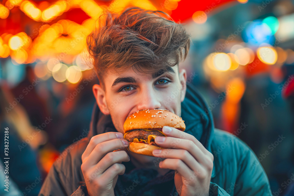 Hungry handsome young man eats a american burger outside at the fast ...
