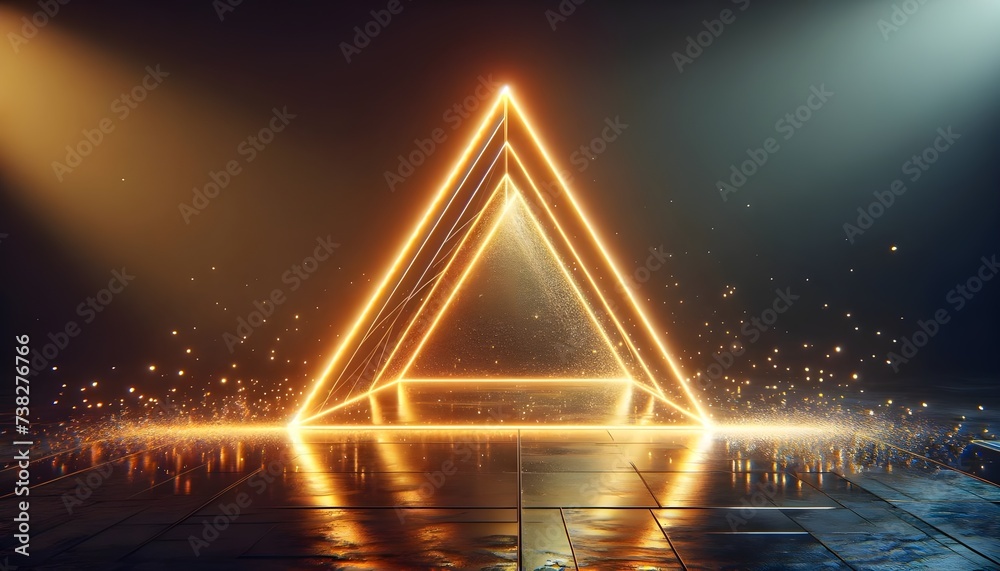 This image depicts a luminous neon triangle emitting a bright glow and ...