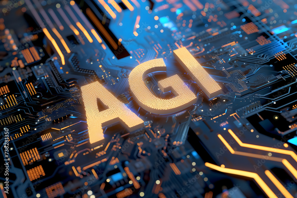 AGI - artificial general intelligence - word on circuit board with blue ...