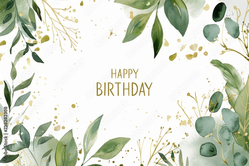 green leaves watercolor background for a happy birthday greeting card ...