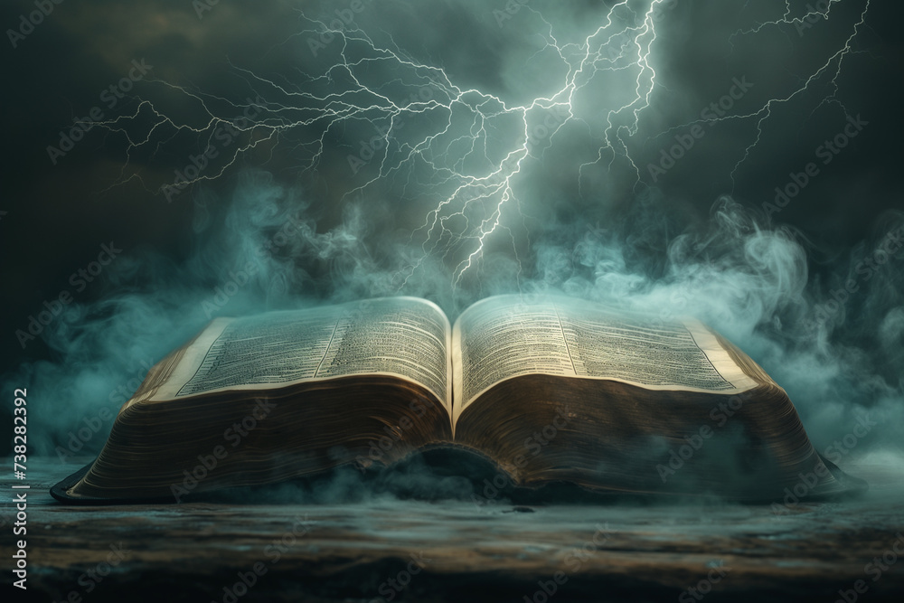 an open text from the ancient Bible with lightning striking in the ...