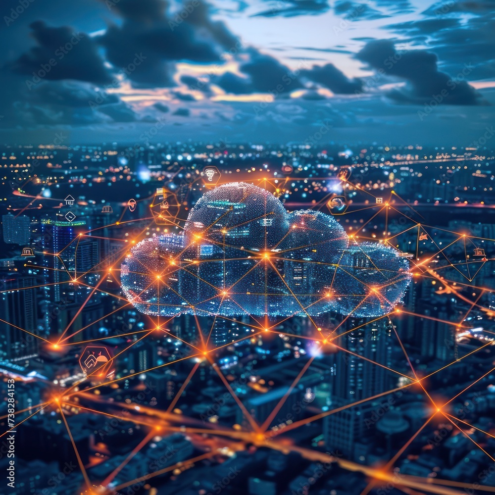 Cloud computing merging with AI, global network - data centers, sky-high servers Stock ...